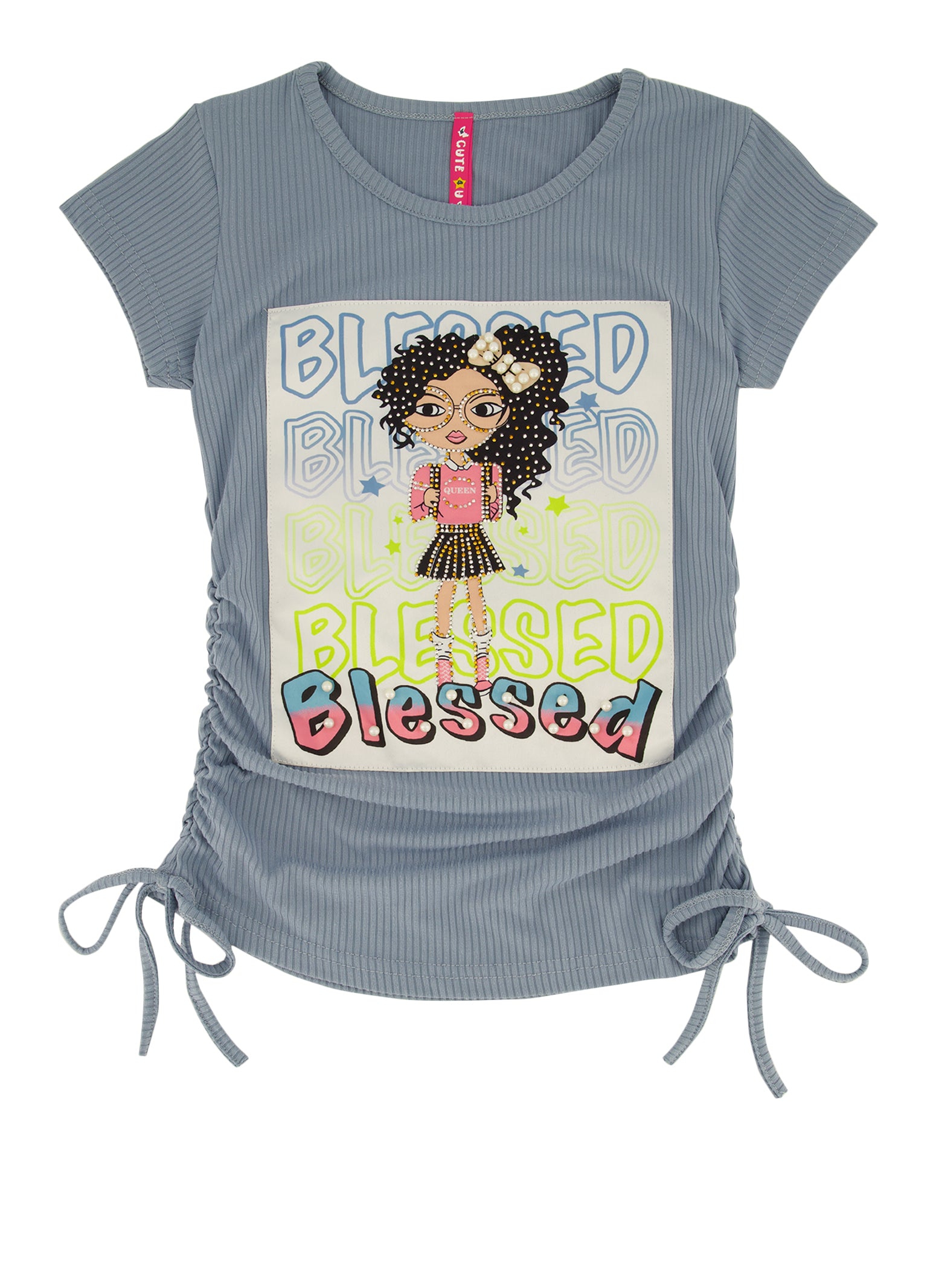 Girls Ruched Drawstring Beaded Blessed Graphic Patch Tee