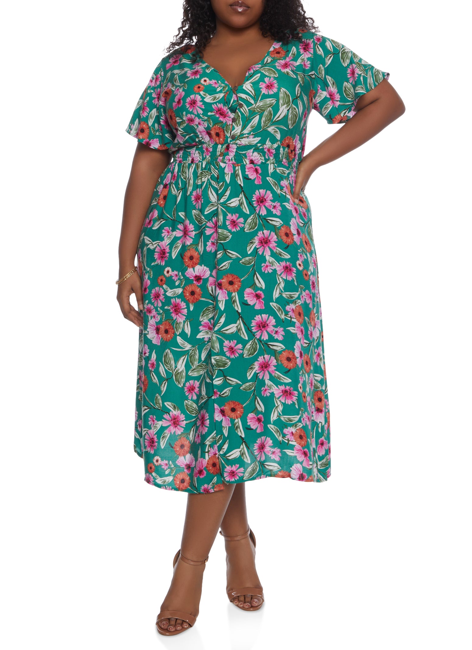 Plus Size Floral Print Flutter Sleeve Midi Dress