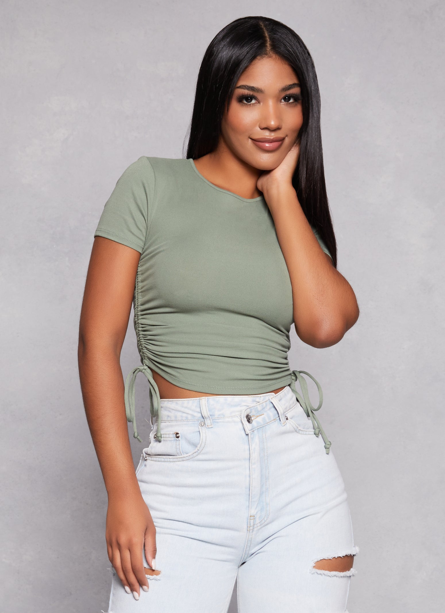 Solid Crew Neck Ruched Side Crop Top