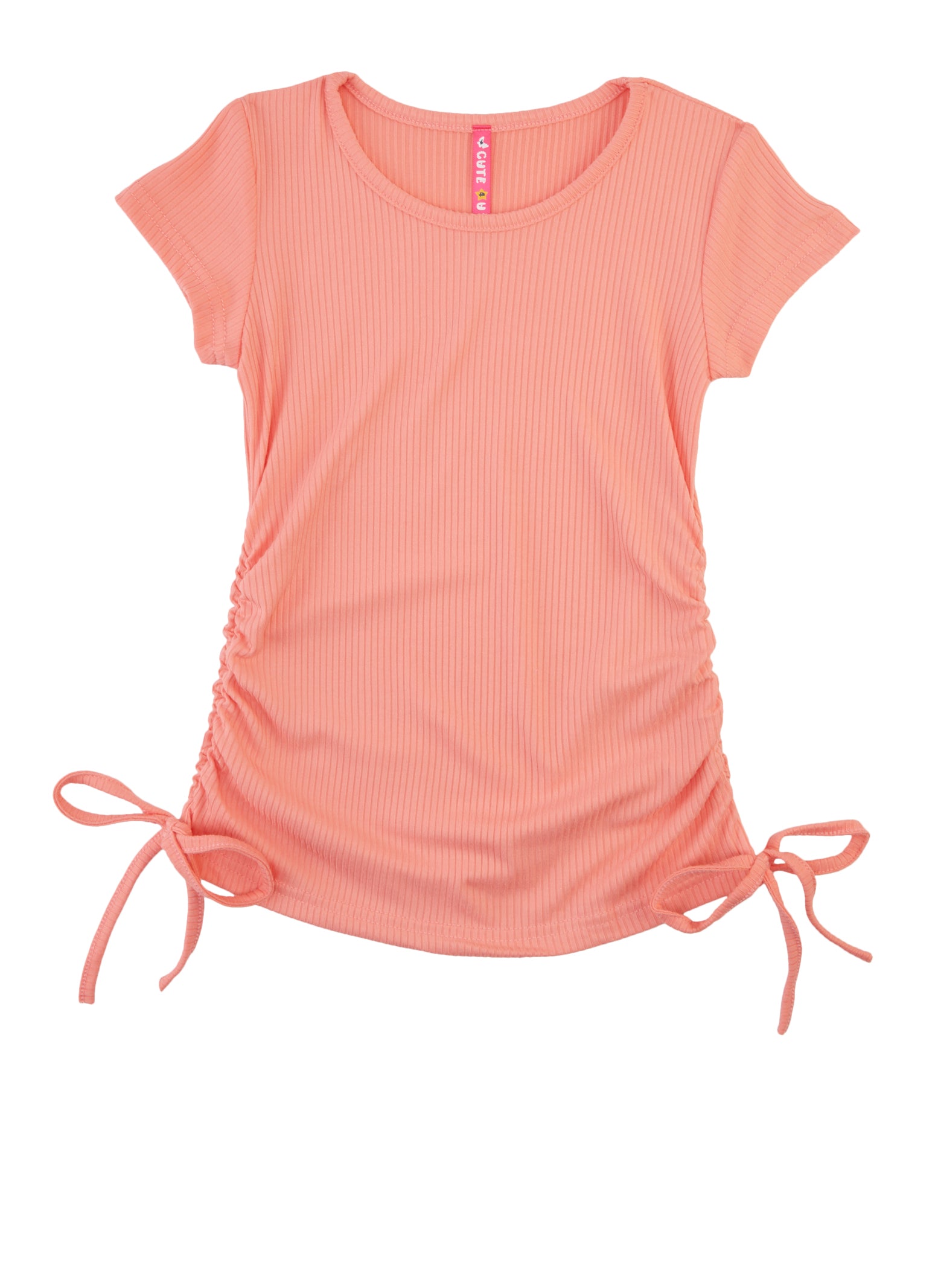 Little Girls Rib Knit Ruched Crew Neck Top