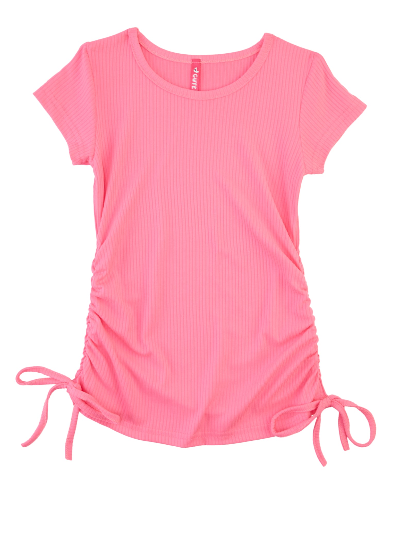 Little Girls Rib Knit Ruched Crew Neck Top