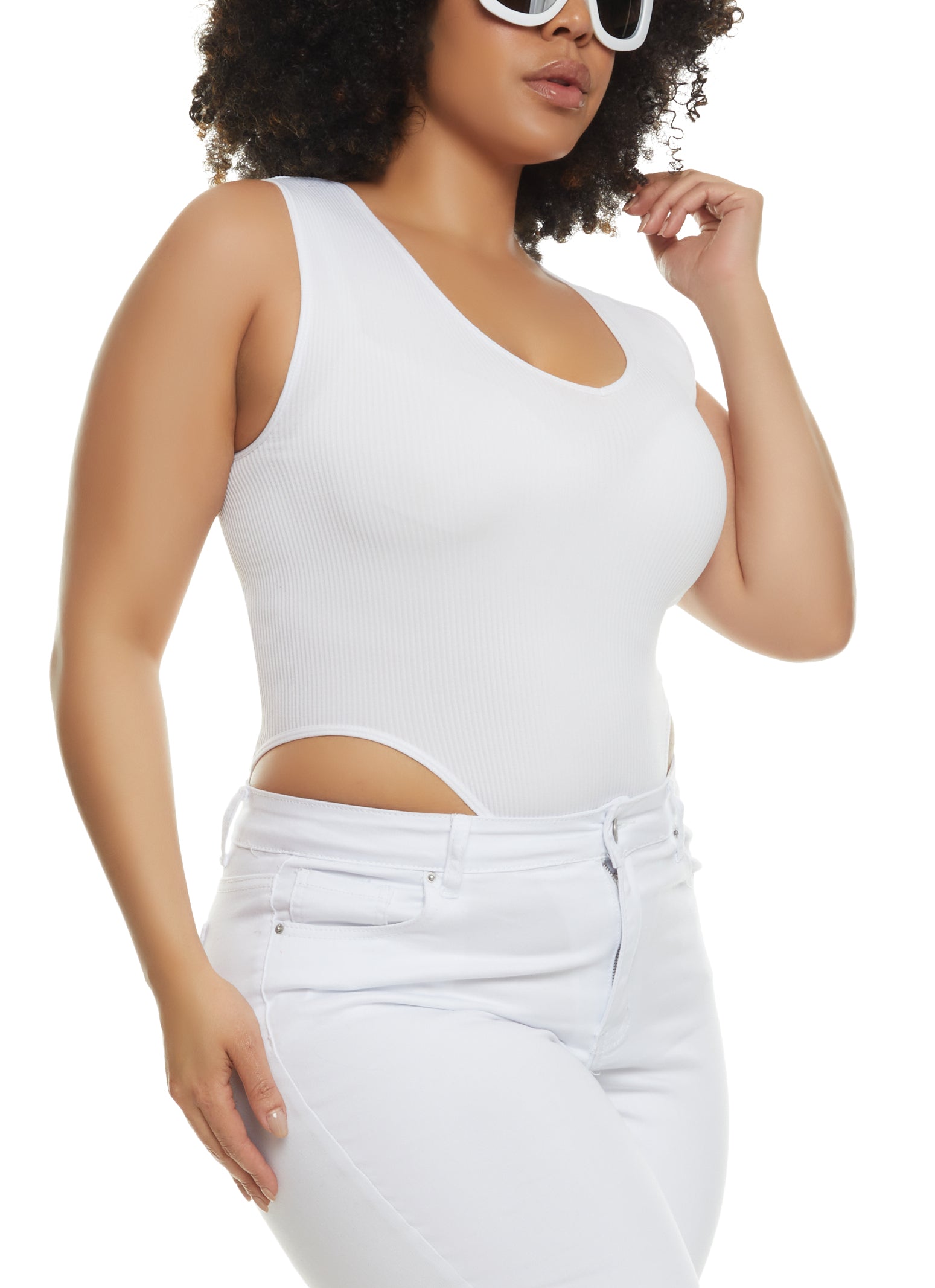 Plus Size Rib Knit High Cut Seamless V Neck Bodysuit