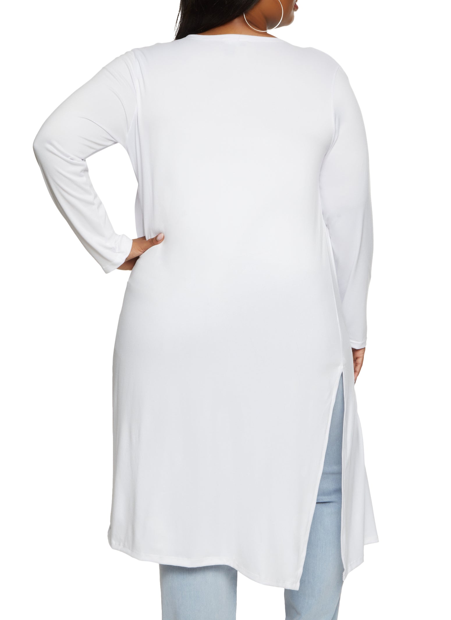 Plus Size Solid Side Slit Long Sleeve Duster