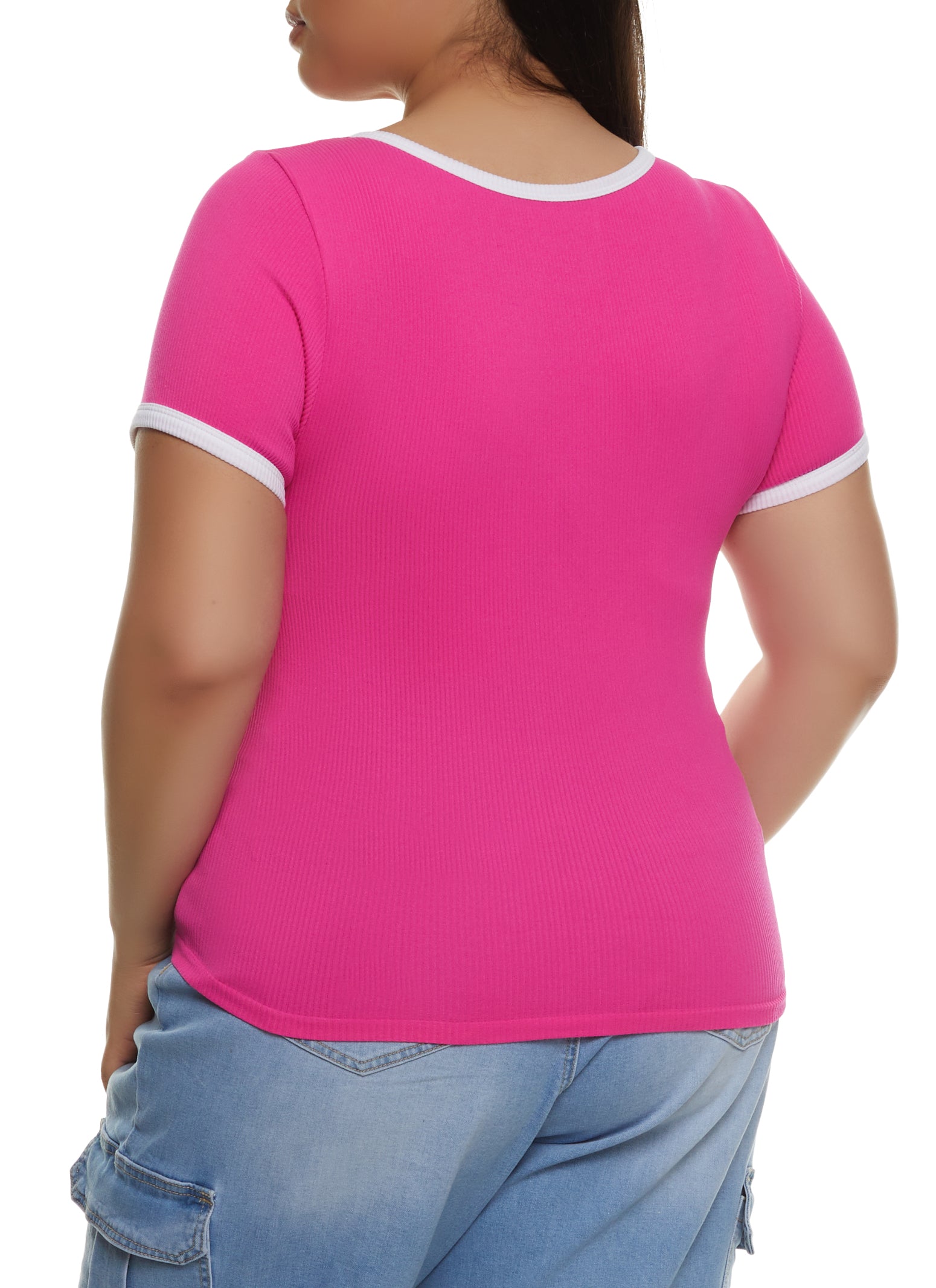 Plus Size Rib Knit Seamless Ringer Tee