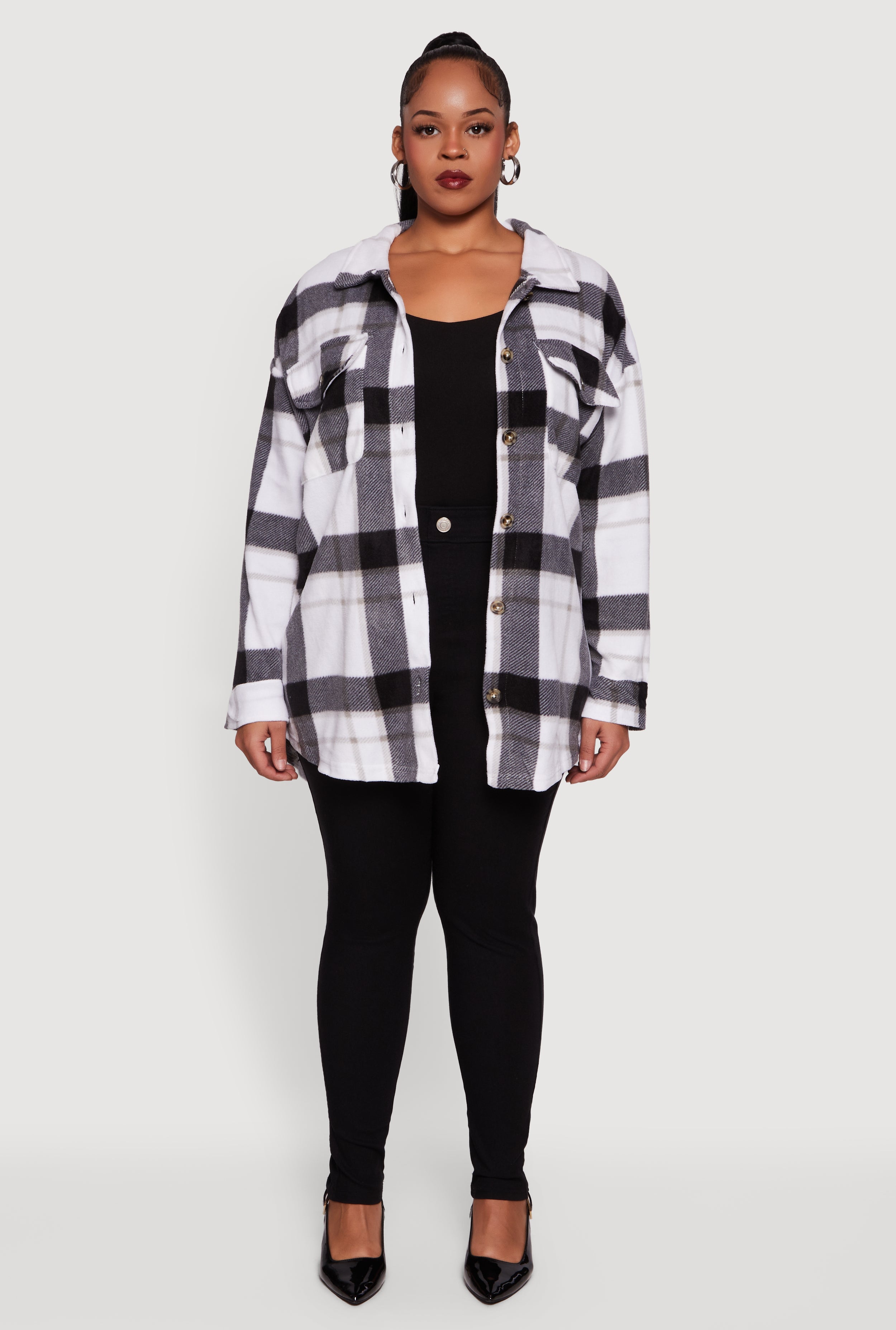 Plus Size Collared Button Front Plaid Tunic Shirt