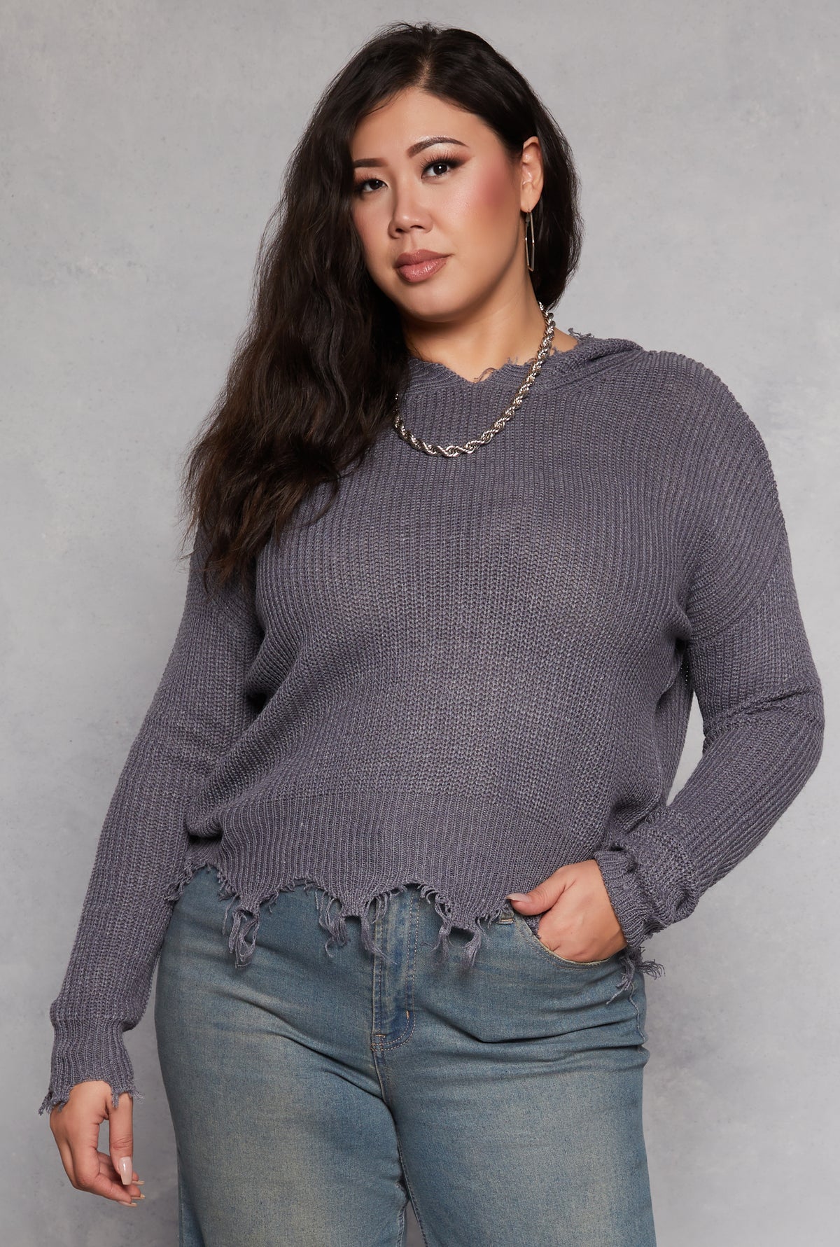 Plus Size Distressed Pullover Hooded Sweater