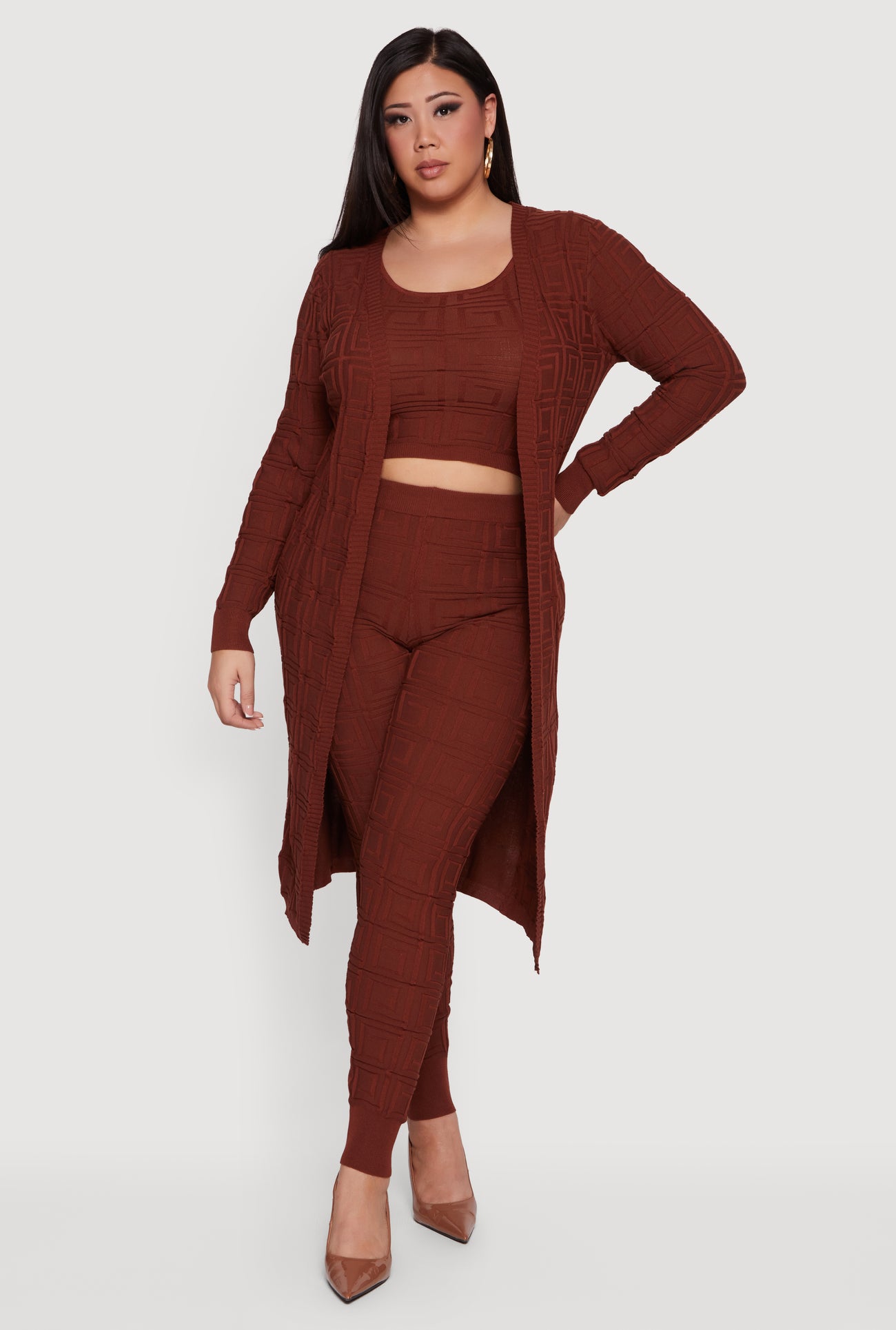 Plus Size Greek Key Long Sleeve Open Front Duster