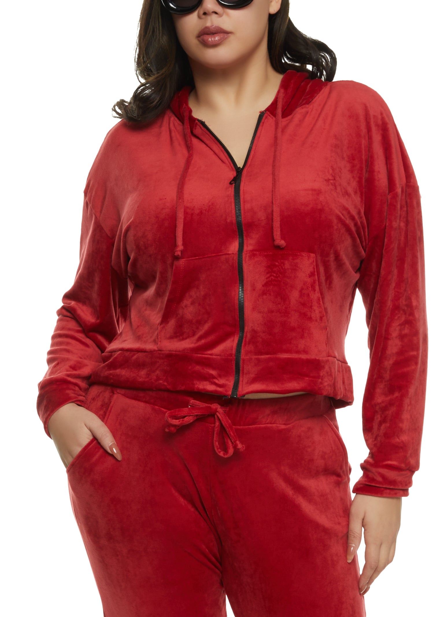 Plus Size Velour Zip Front Hooded Sweatshirt