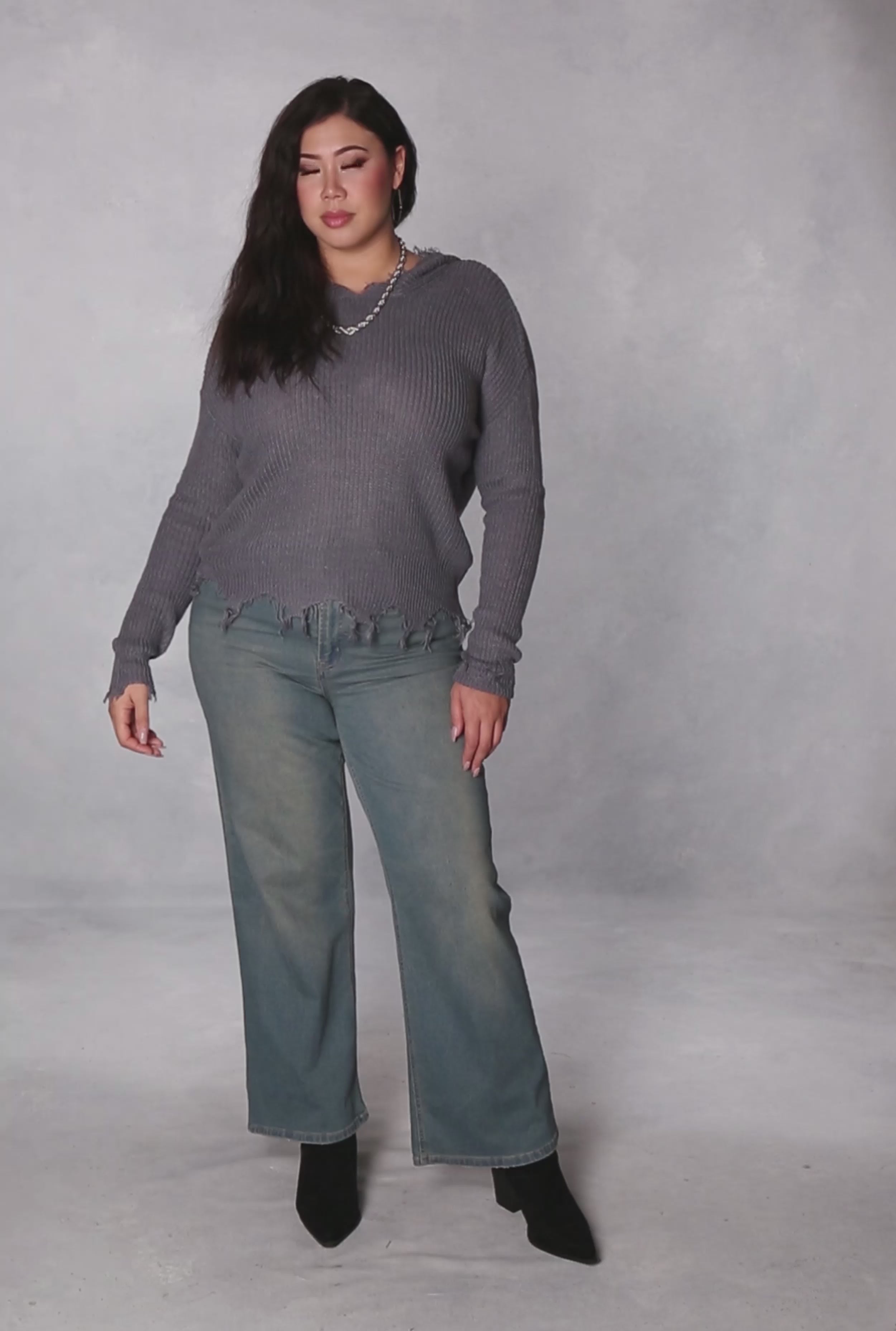 Plus Size Distressed Pullover Hooded Sweater