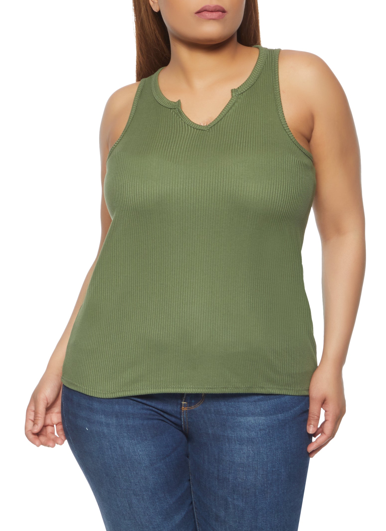 Plus Size Rib Knit Notch Neck Tank Top