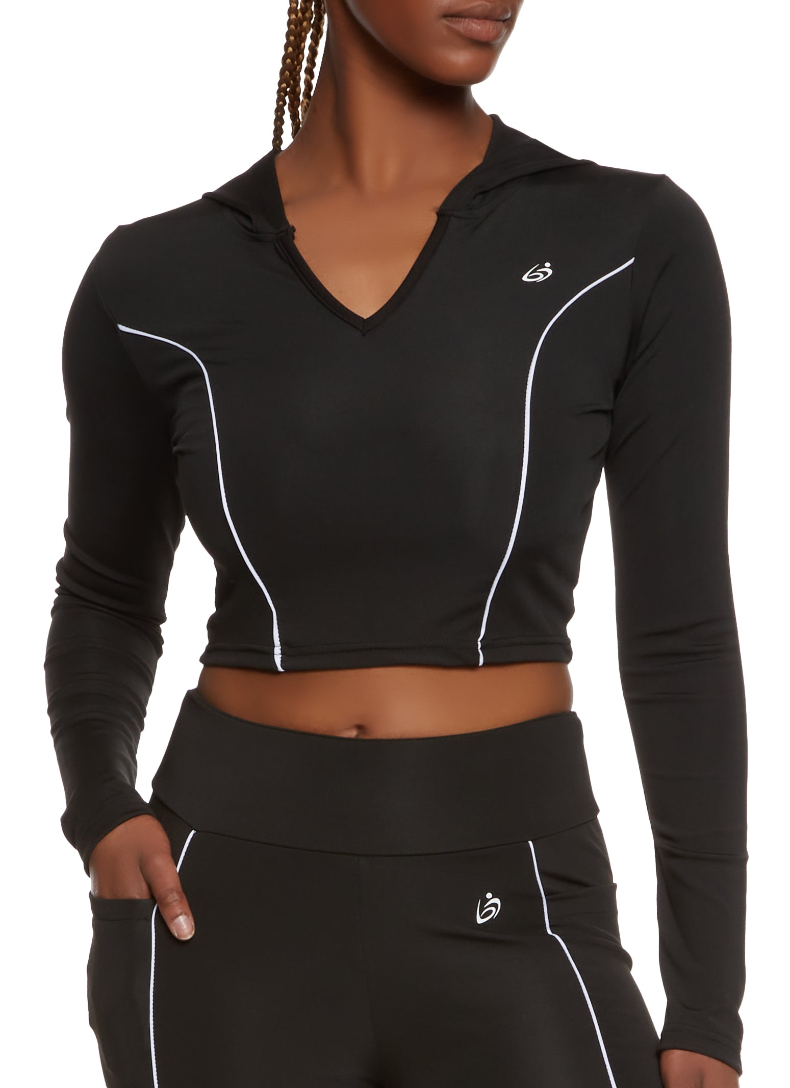 Contrast Trim V Neck Hooded Crop Top