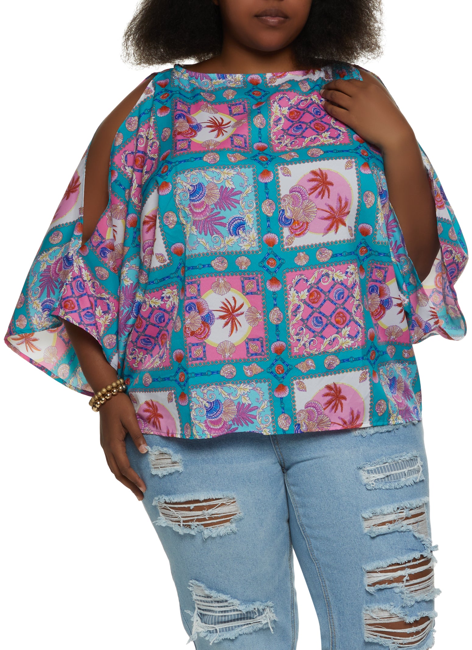 Plus Size Patterned Cold Shoulder Poncho