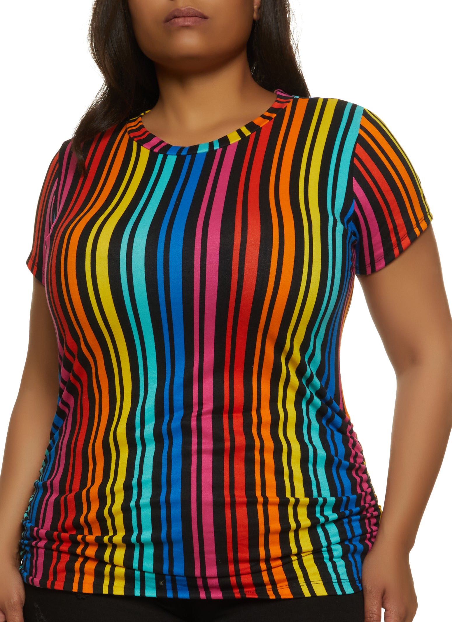 Plus Size Rainbow Striped Ruched Tee