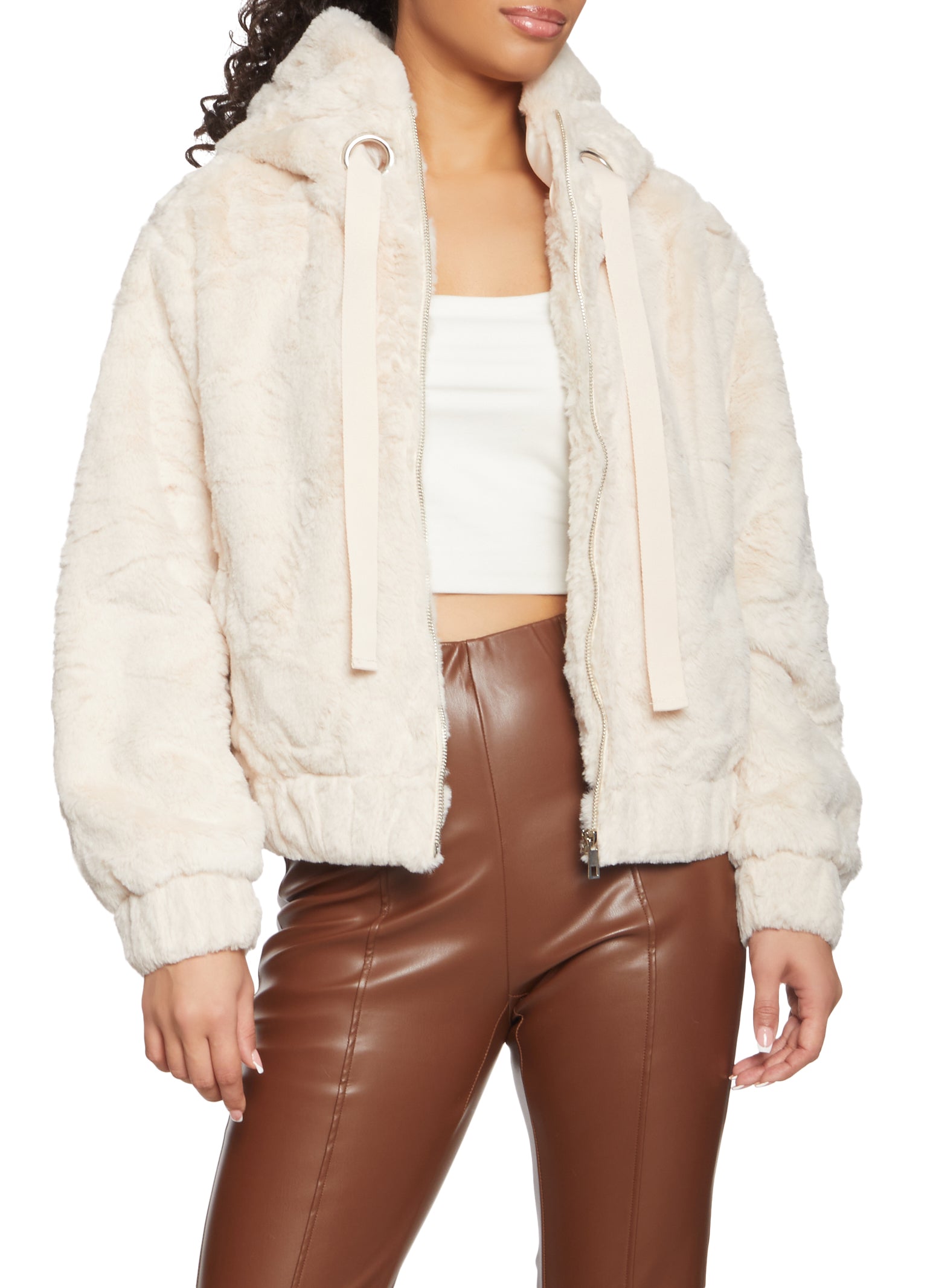 Faux Fur Zip Up Hooded Jacket