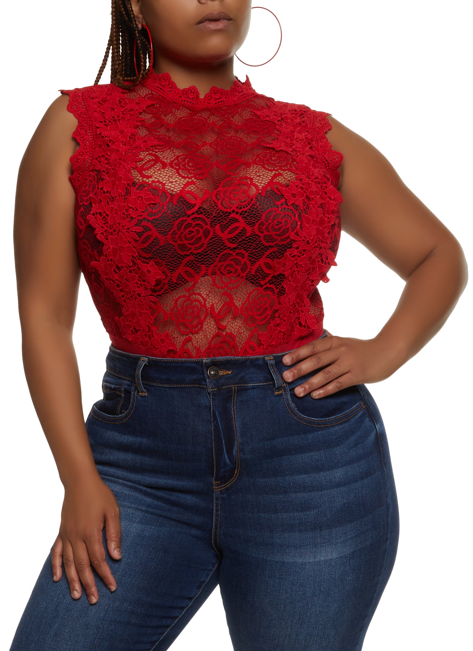 Plus Size Floral Lace Mock Neck Bodysuit